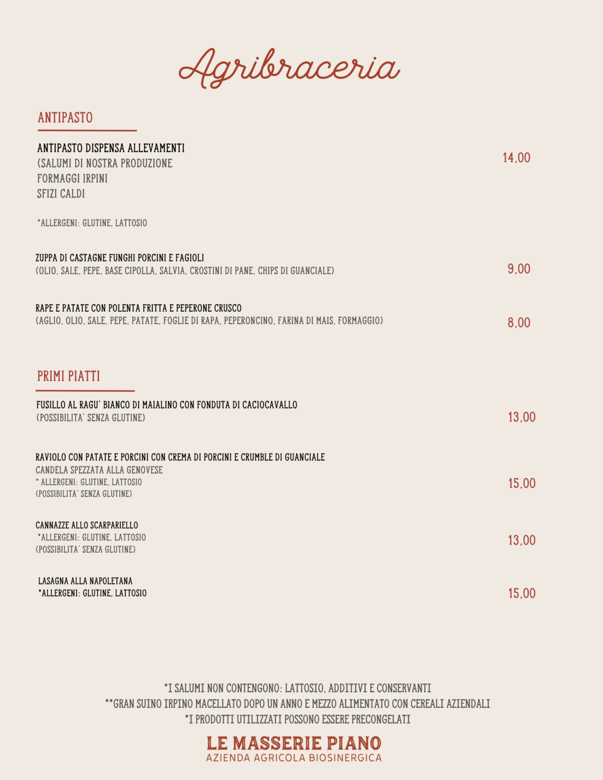 Menu Ristorante - Masserie Piano